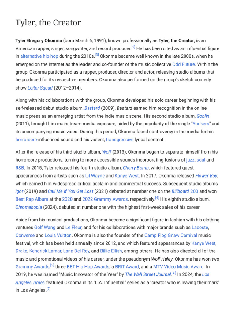 Tyler, the Creator: Biography and Career | PDF | Music Industry ...
