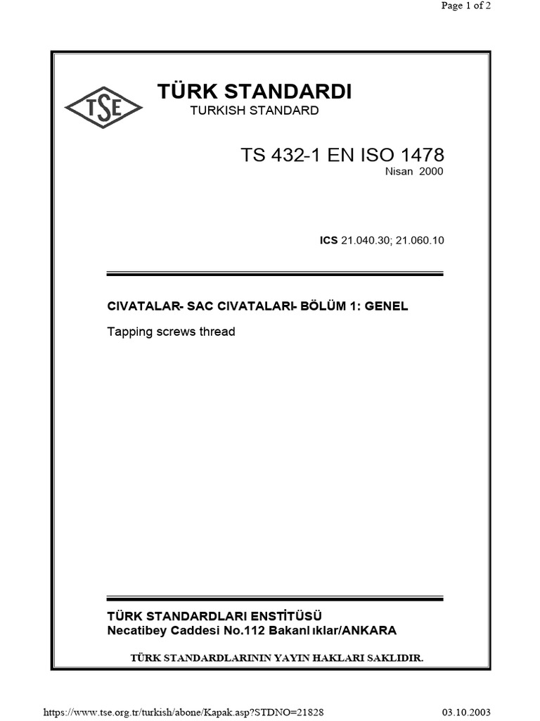 TS 432-1 EN ISO 1478 CİVATALAR BÖLÜM 1 | PDF