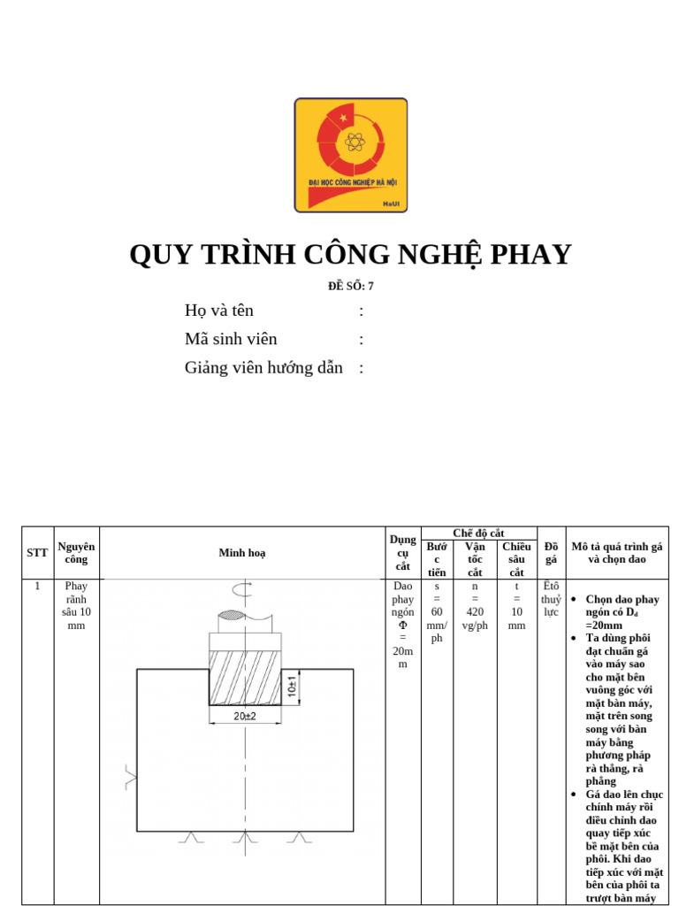 QUY TRÌNH CÔNG NGHỆ PHAY ĐỀ SỐ 7 | PDF