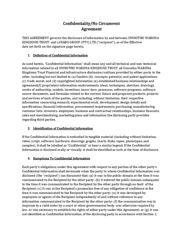 Edited - Non Disclosure Agreement - Umnotho WARONA KINGDOMS TRUST | PDF | Legal Remedy ...