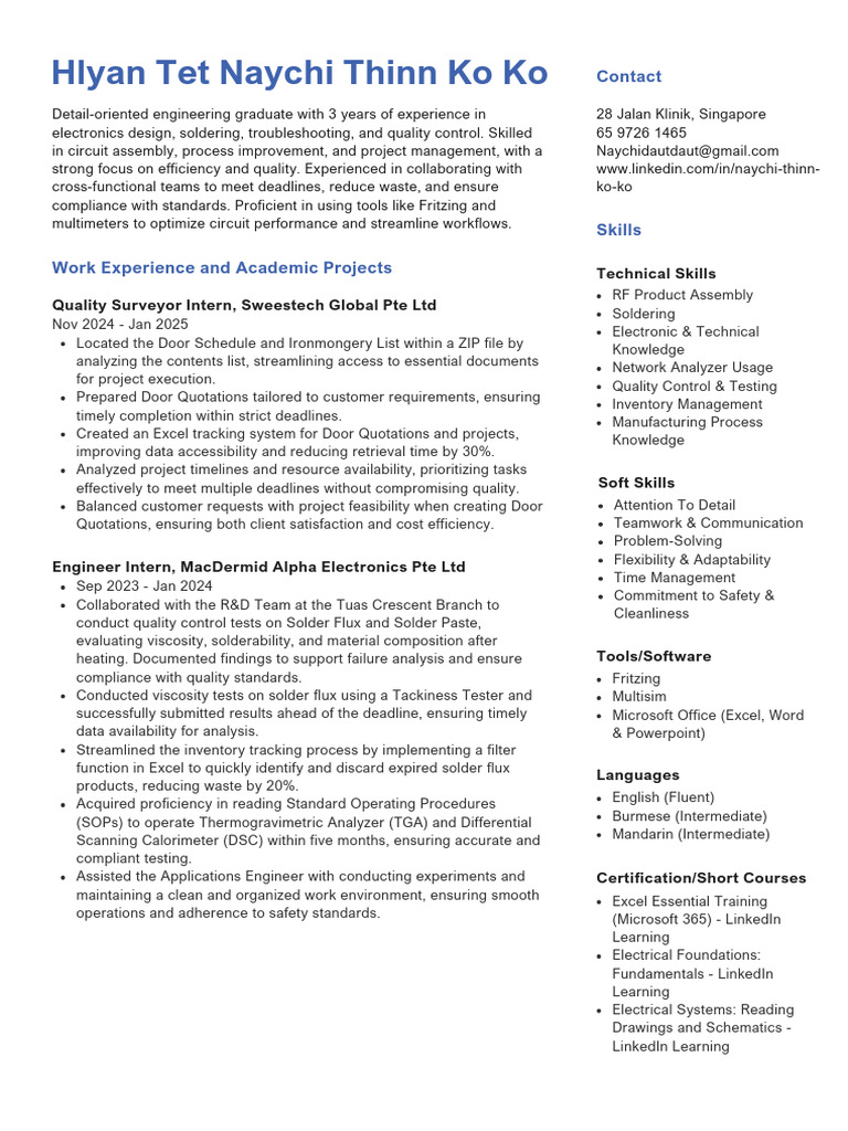 Assembly Technician (Resume) (Panorama Antennas Pte. Ltd.) | PDF ...