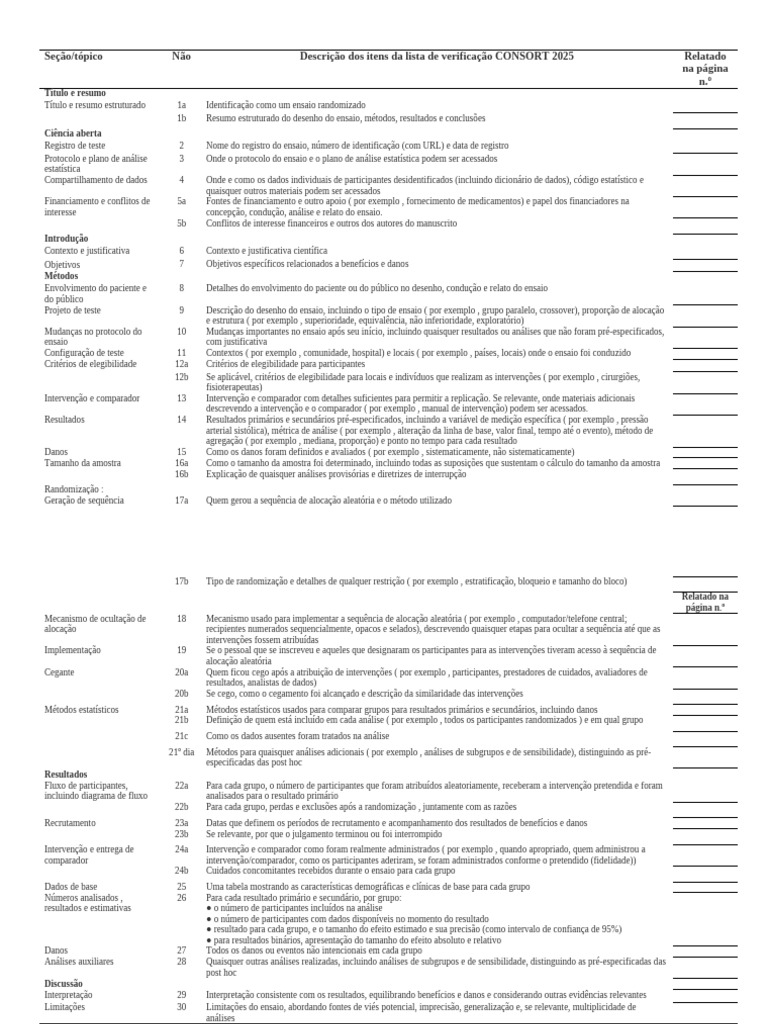 CONSORT 2025 Editable Checklist | PDF | Amostragem (Estatística) | Dados
