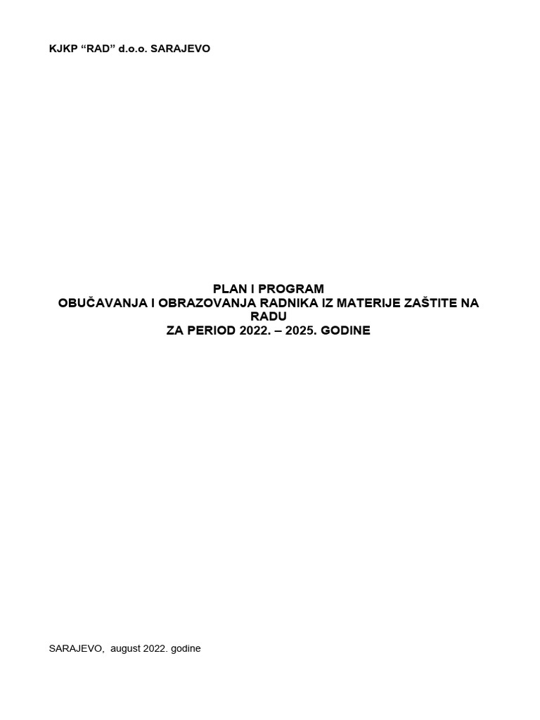 PLAN I PROGRAM OBUČAVANJA I OBRAZOVANJA RADNIKA IZ MATERIJE ZAŠTITE NA RADU ZA PERIOD 2022 ...