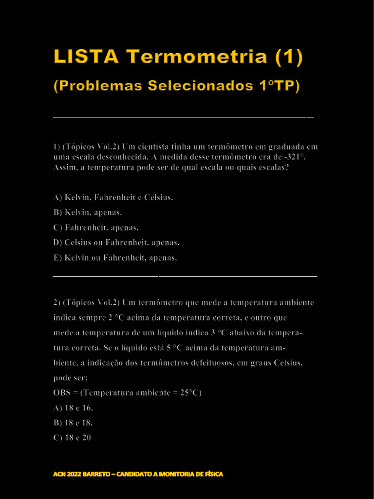 Lista Termometria - ACN 2022 BARRETO - Com Gabarito! | PDF