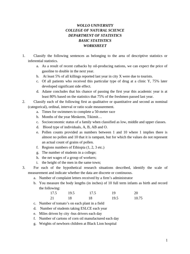Basic Statistics Worksheet | PDF | Mean | Standard Deviation