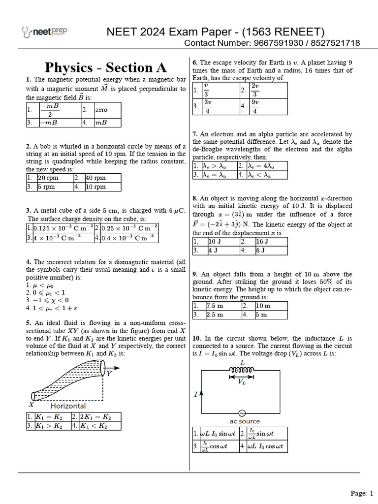 NEET 2024 Exam Paper - (1563 RENEET) | PDF | Chemical Reactions ...