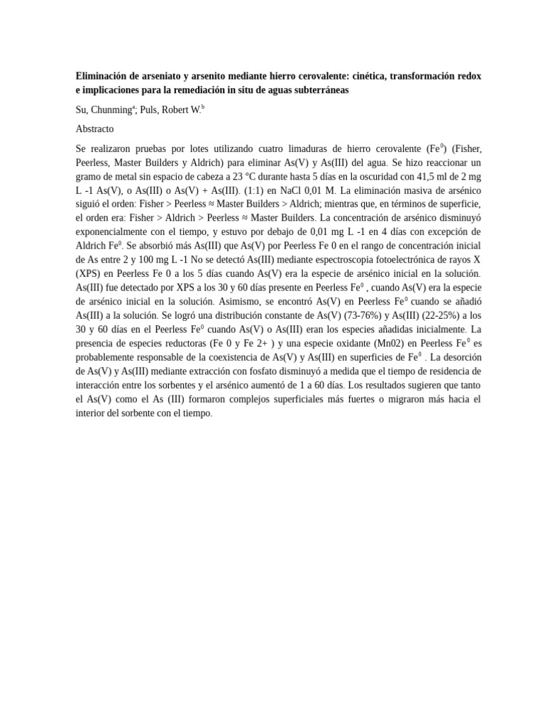 Eliminación de Arseniato y Arsenito Mediante Hierro Cerovalente | PDF