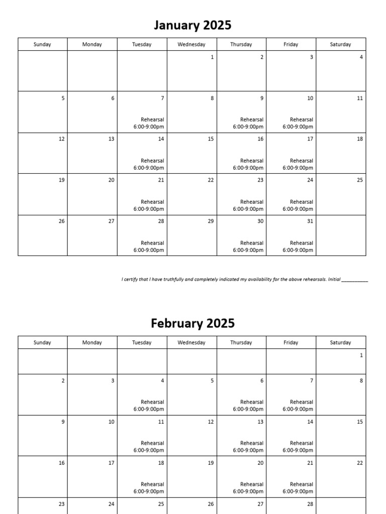 Shrek Rehearsal Calendar | PDF