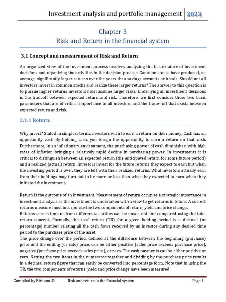 Investment Chapter Three Risk and Return in Financial System | PDF ...