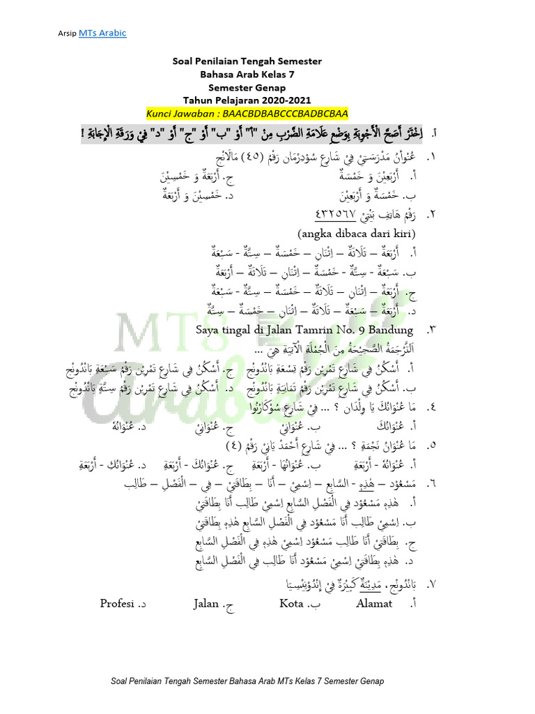 Soal PTS Bahasa Arab Kelas 7 Semester Genap Tahun Pelajaran 2021-2022 (MTs Arabic) | PDF