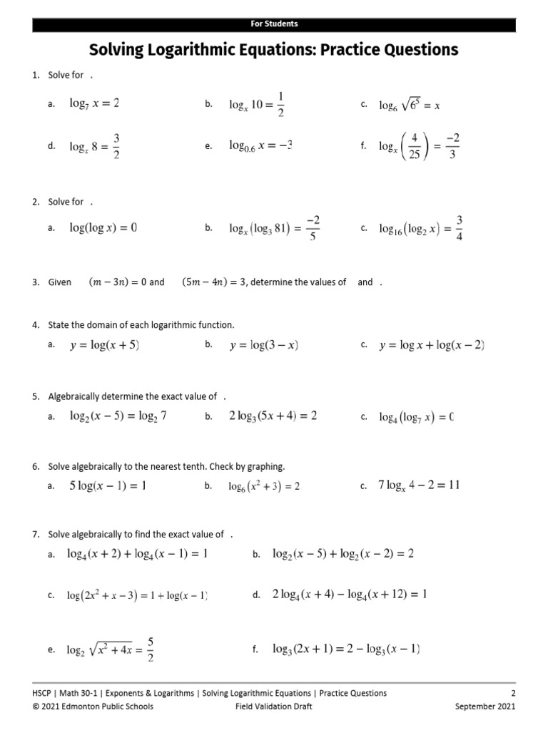 Lesson 31 - Logarithmic Equations Review | PDF | Equations | Mathematics
