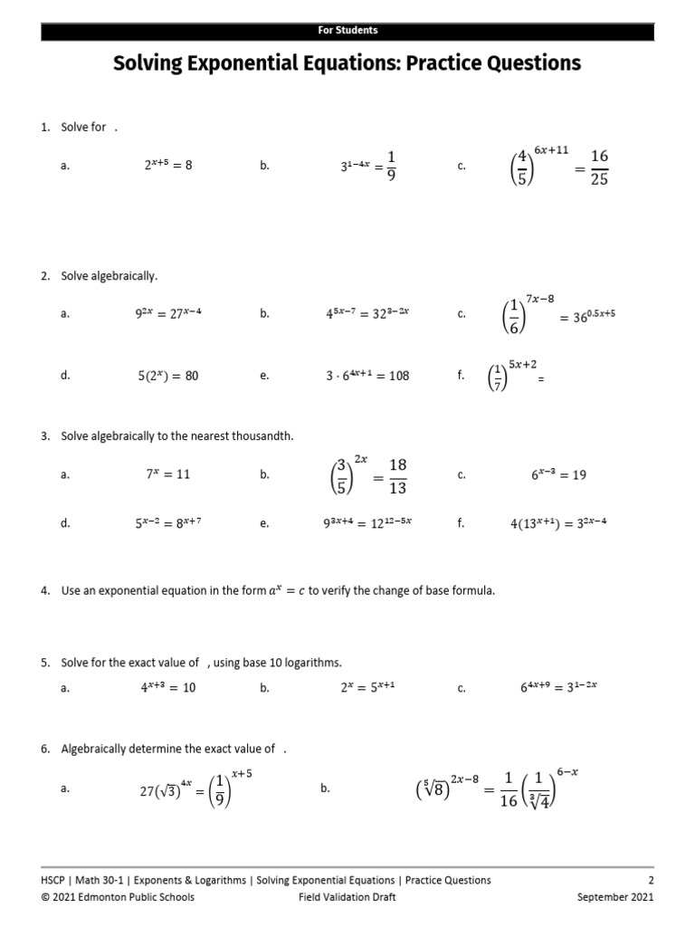 Exponential Equations Practice Problems | PDF | Equations | Exponentiation