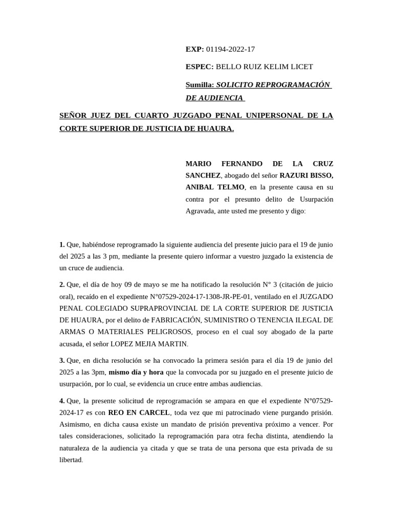 Solicito Reprogramación de Audiencia | PDF | Judicaturas | Gobierno