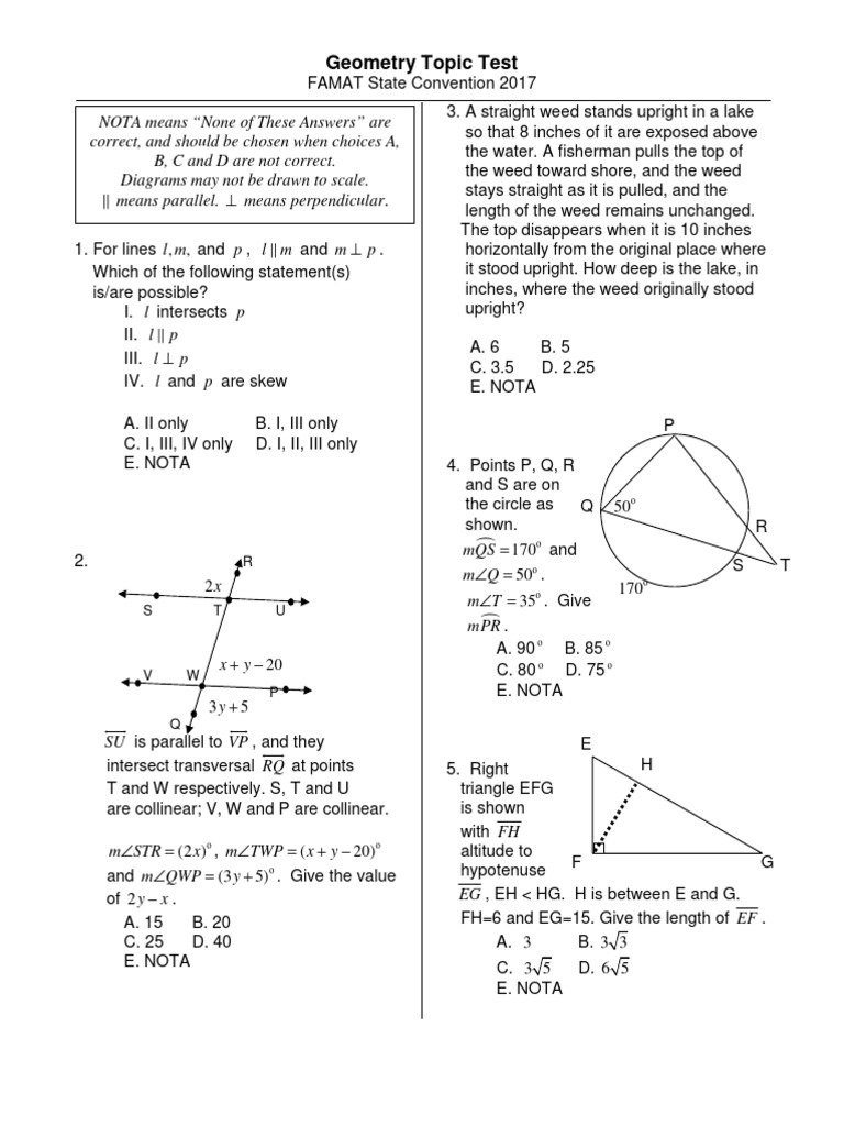 Geometry Test Questions and Answers | PDF | Triangle | Circle