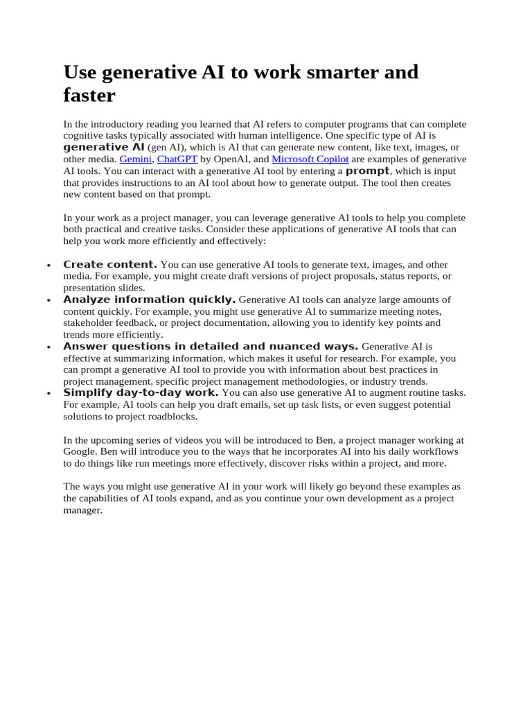 Use Generative AI to Work Smarter and Faster - Copy | PDF