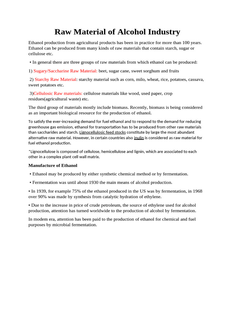 Raw Materials for Ethanol Production | PDF | Ethanol | Molasses