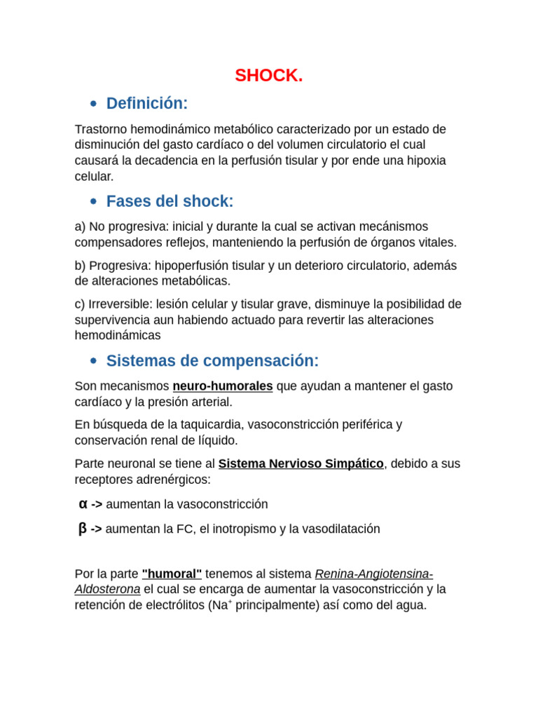 Resumen Tipos de SHOCK | PDF | Choque (circulatorio) | Emergencias Médicas