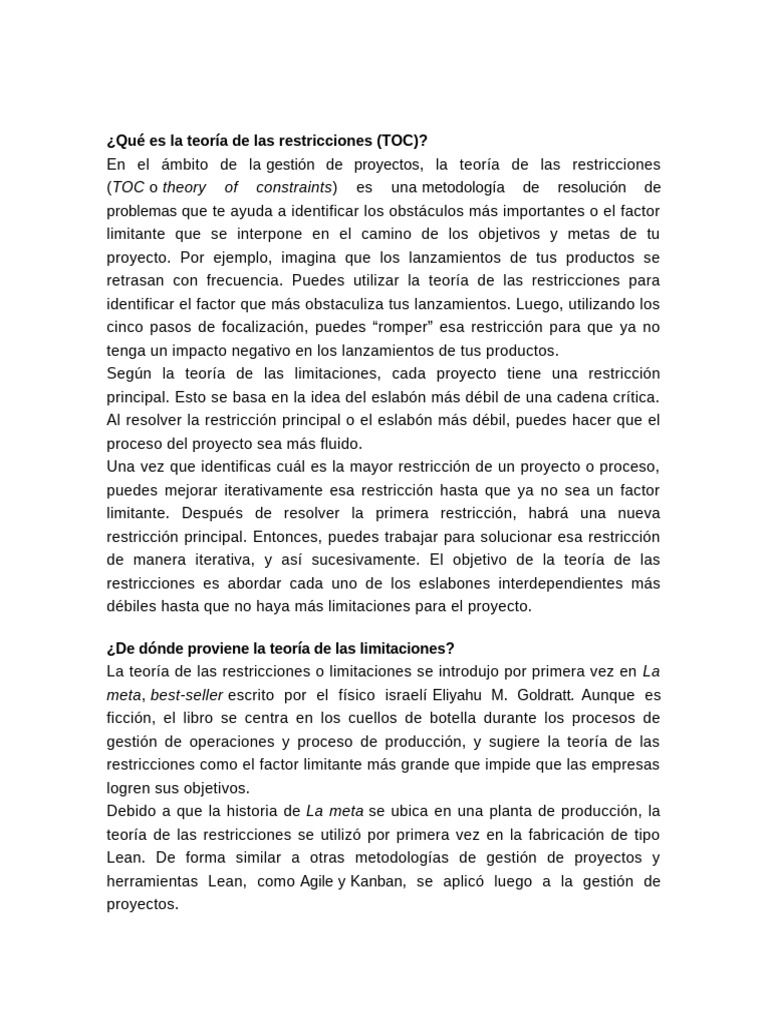 ¿Qué Es La Teoría de Las Restricciones (TOC) ?: TOC Theory of Constraints | PDF | Gestión de ...