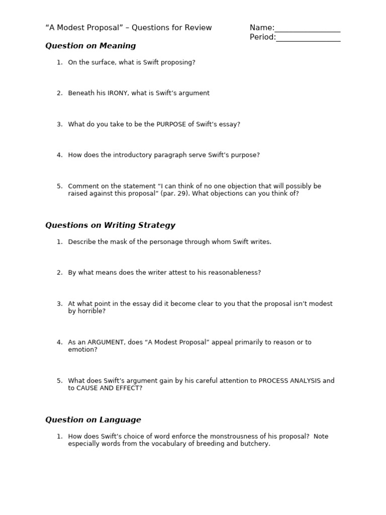 Modest Proposal-I Have A Dream Questions | PDF | Essays | Human ...