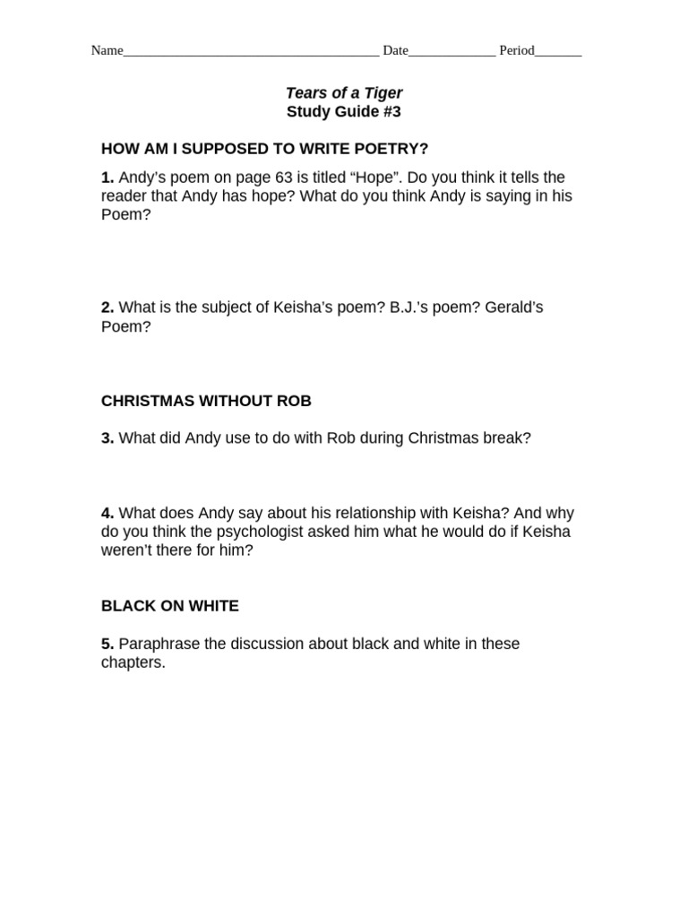 Tears of a Tiger Study Guide 3 | PDF
