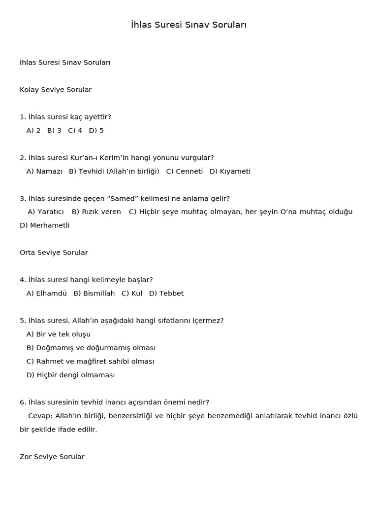 Ihlas Suresi Sinav Sorulari | PDF