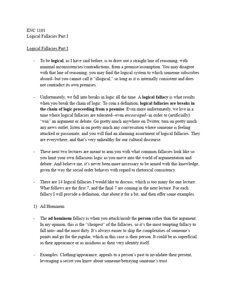 Lecture 22 - Logical Fallacies Part I | PDF | Fallacy | Logic