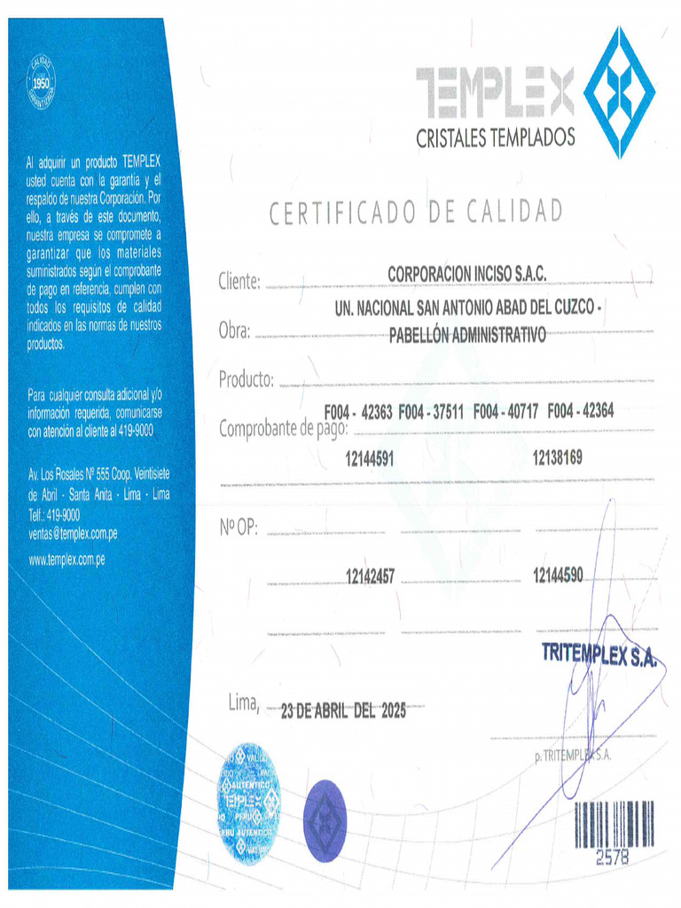 Vidrio Sistema Stick V05 - MC06 - MC05 Serie 42 V03 - Certificado | PDF