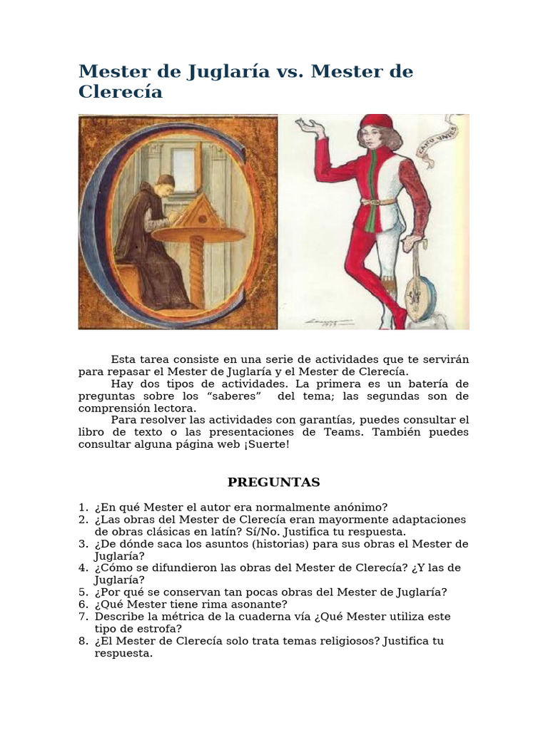Mester de Juglaría y Clerecía: Comparativa | PDF | Literatura en ...