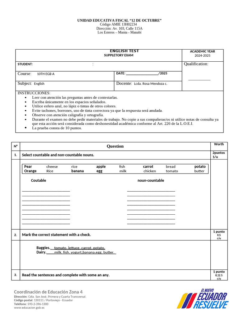 Examen Supletorio Ingles 10mo Año Egb | PDF