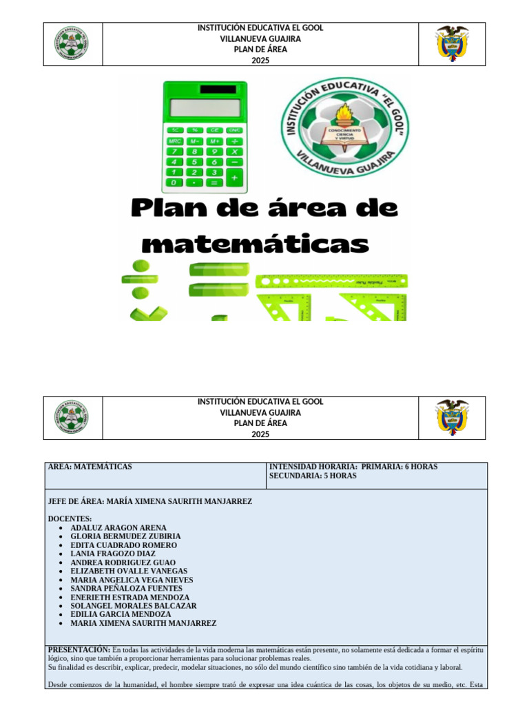 Plan de Área de Matemáticas 2025 | PDF | Geometría | Matemáticas