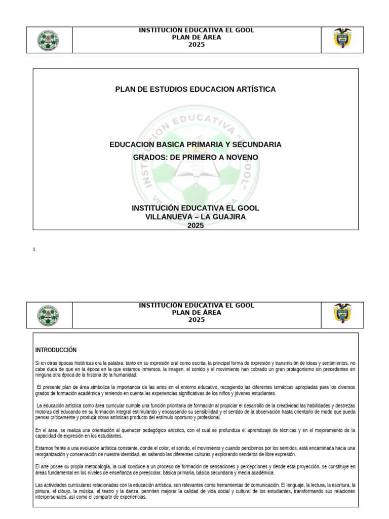 PLAN DE AREA - ARTISTICA- 2025 | PDF | Educación en artes visuales ...