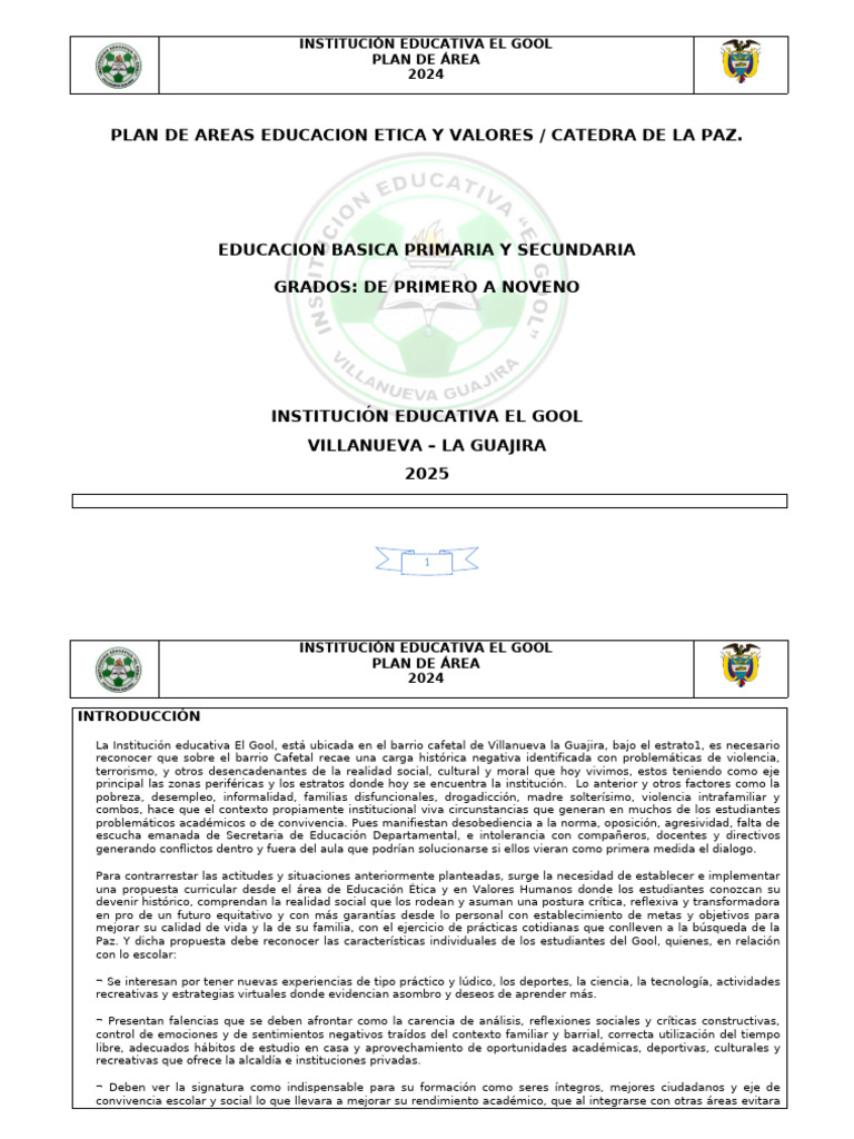 Plan de Area - Gool - Etica y Valores 2025 | PDF | Evaluación | Plan de ...