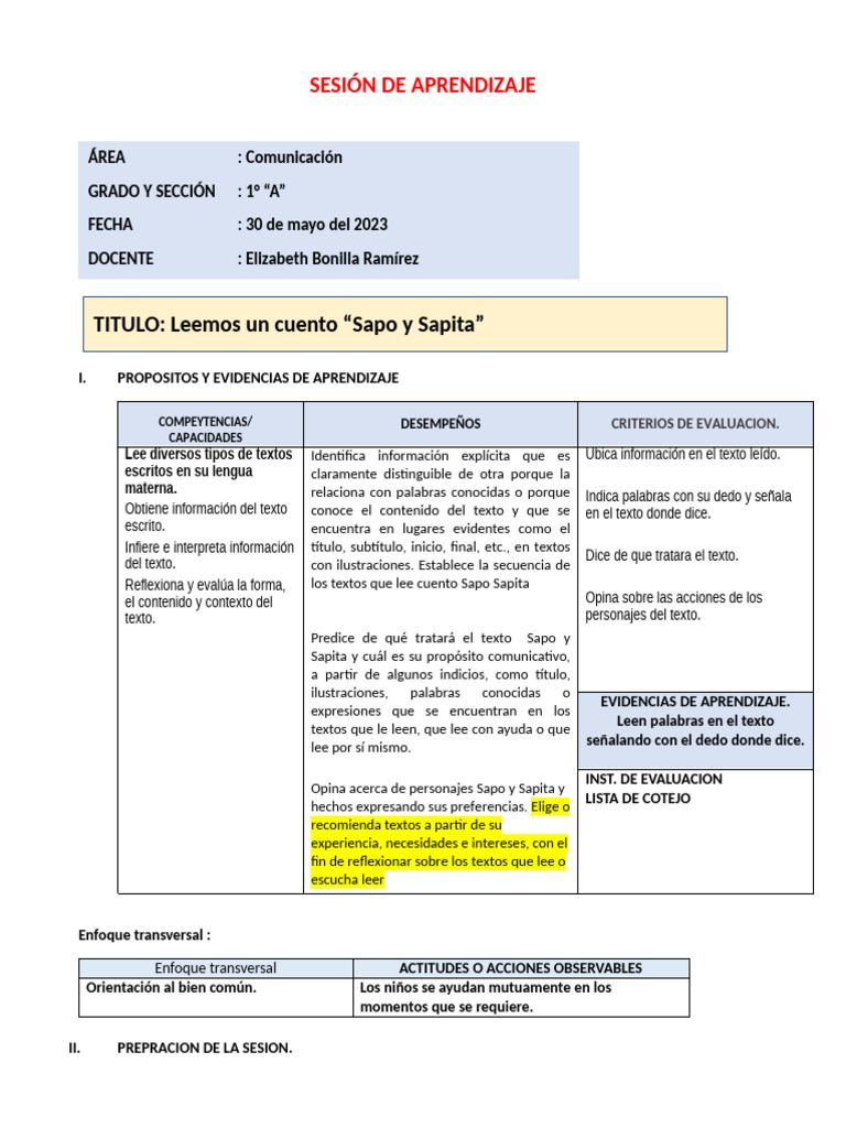 Sesion Leemos Sapo Sapito Silviaaaaaa | PDF | Evaluación | Educación en ...