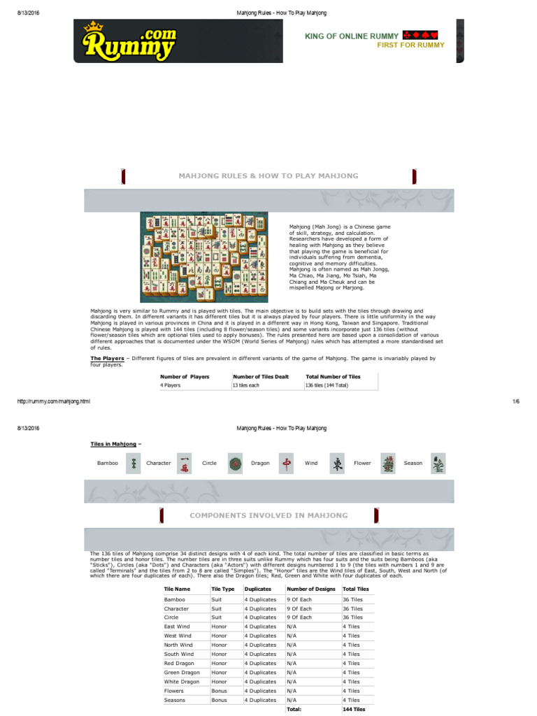 Mahjong Rules - How To Play Mahjong | PDF | Mahjong | Rummy