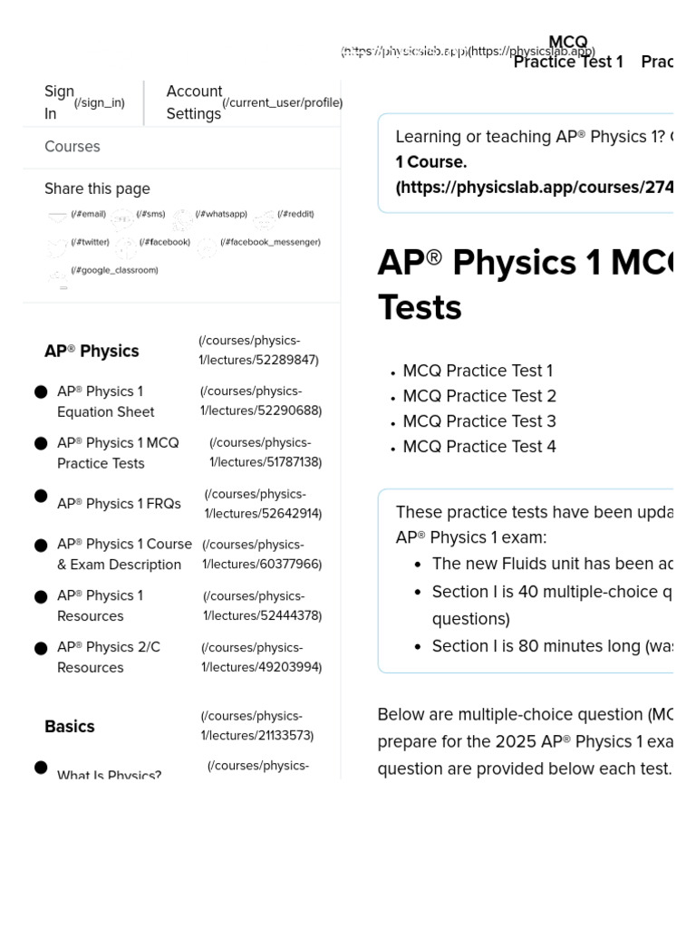 AP® Physics 1 MCQ Practice Tests | PDF | Multiple Choice | Student ...