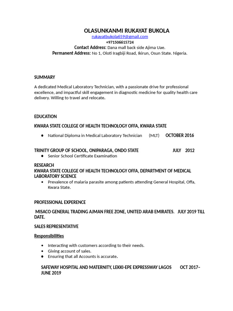 Olasunkanmi Rukayat Bukola Cv... | PDF | Medical Laboratory | Health Sciences