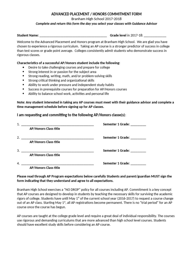 AP Honors Contract 2017-2018 | PDF | Advanced Placement | Learning