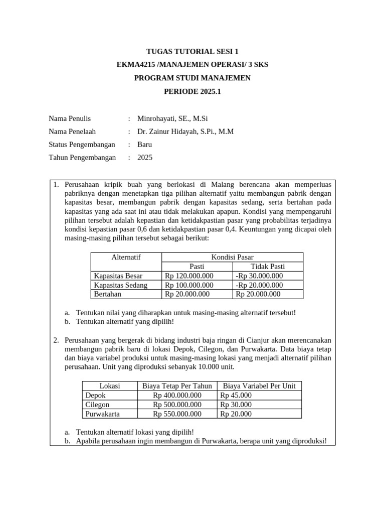 Tugas 1 EKMA Manajemen Operasi | PDF