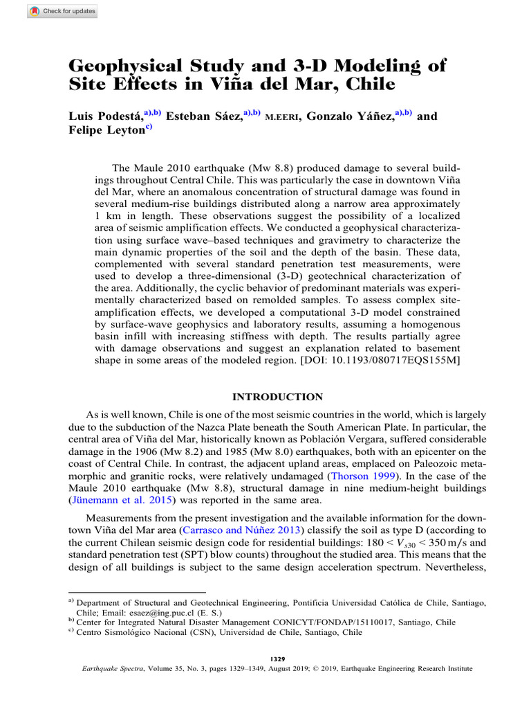 (2019 Podesta et al) Geophysical study and 3D modeling of site effects in Viña del Mar Chile ...