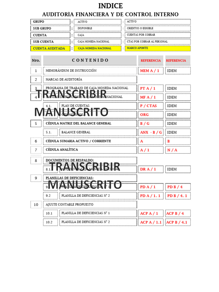 Trascribir Manuscrito Ref y Coref. de Auditoriía Indice y Pta1 | PDF | Contabilidad | Servicios ...