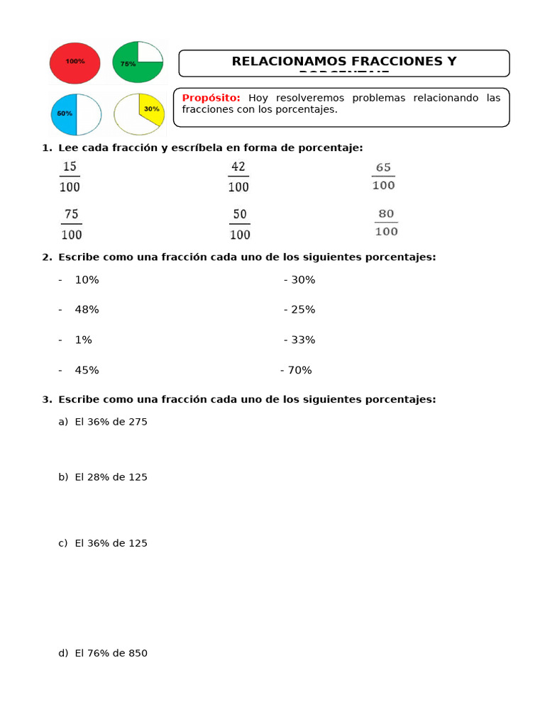 Ficha-Lun-Mat-Relacionamos Fracciones y Porcentajes | PDF