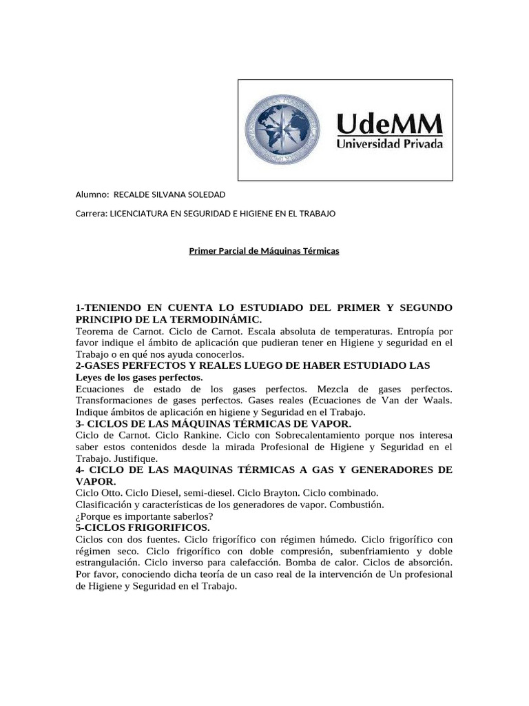 Parcial 1 MÃ - QUINAS TÃ - RMICAS RECALDE | PDF | Vapor | Gases