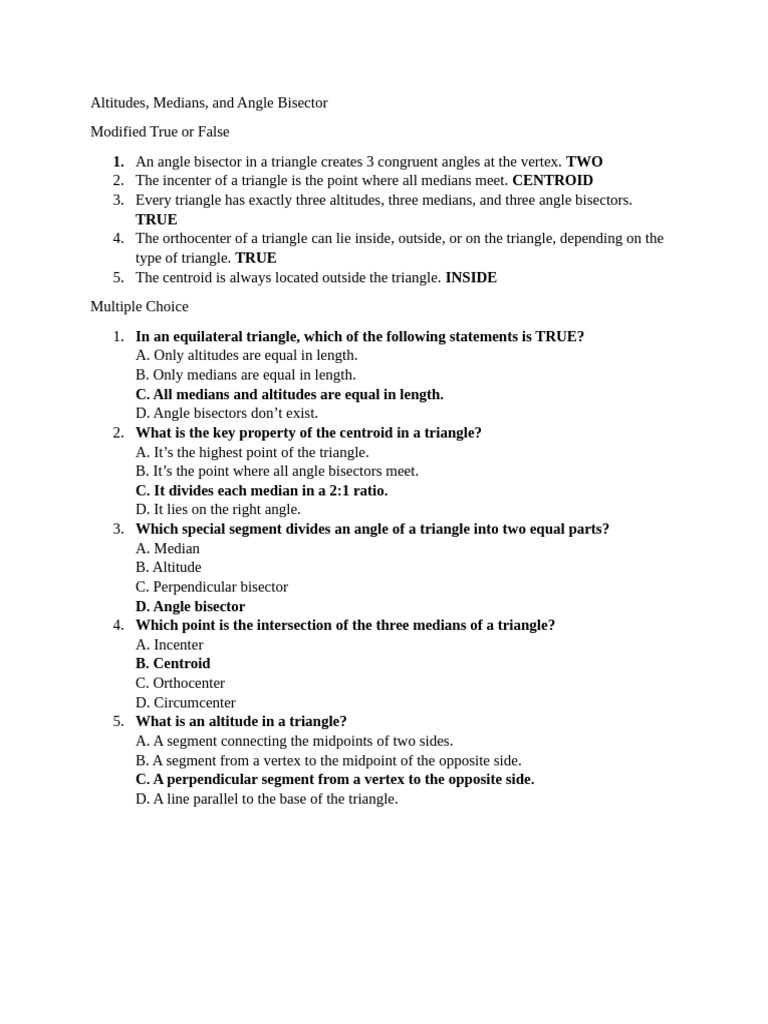 Altitudes Medians Angle Bisectors QA | PDF