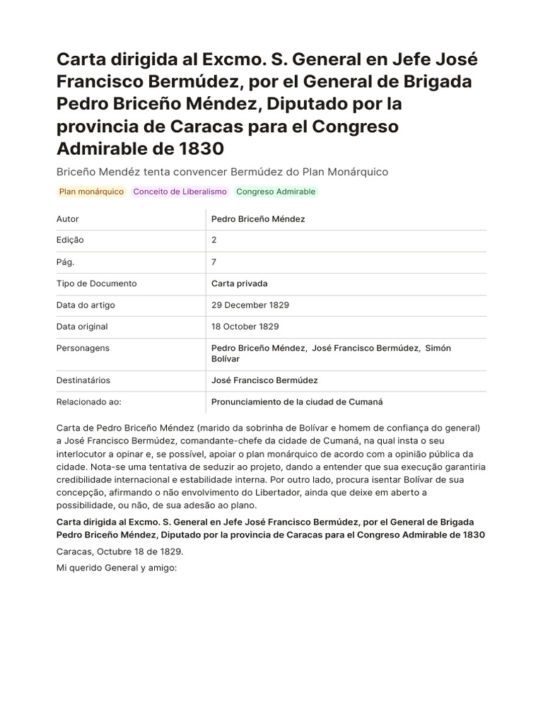 Carta Dirigida Al Excmo S General en Jefe José Francisco Bermúdez, Por ...