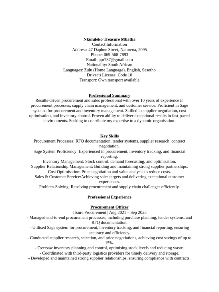 T Mbatha CV Updated | PDF | Procurement | Inventory