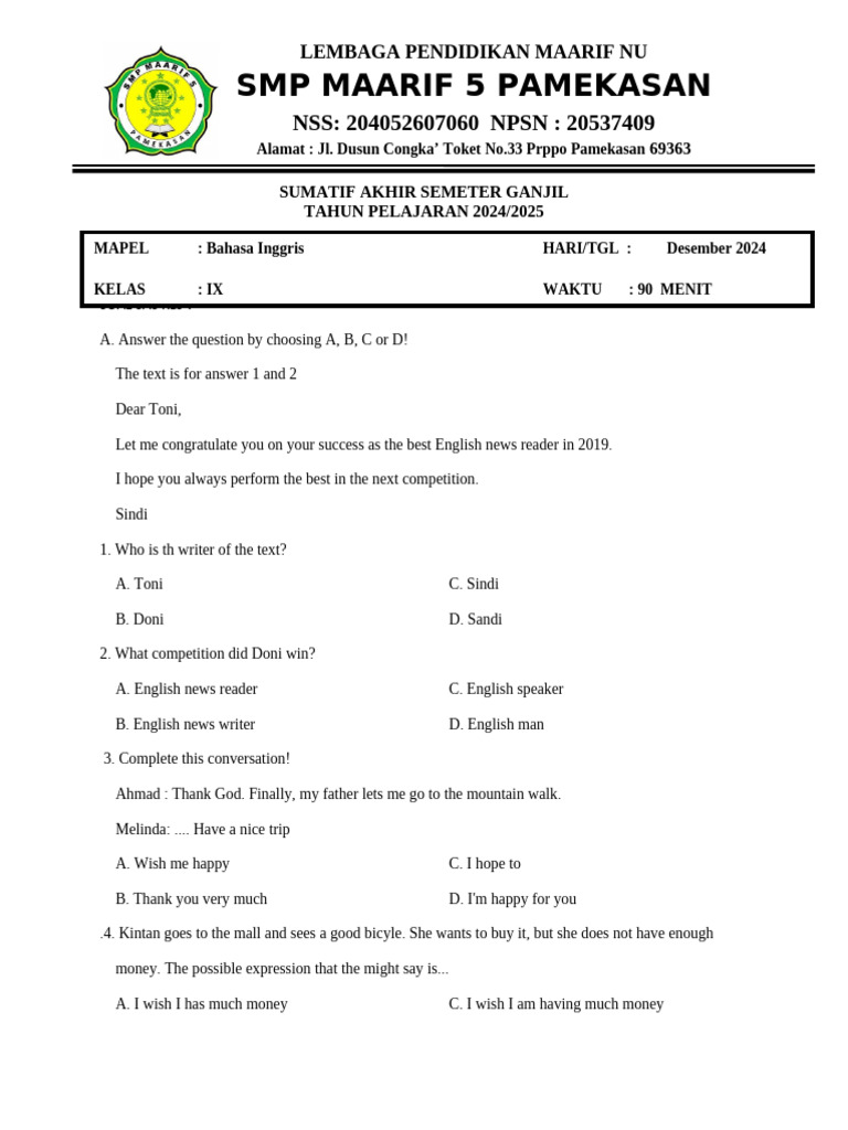 PAS SMP Kls 9 SMSTR 1 2024 | PDF