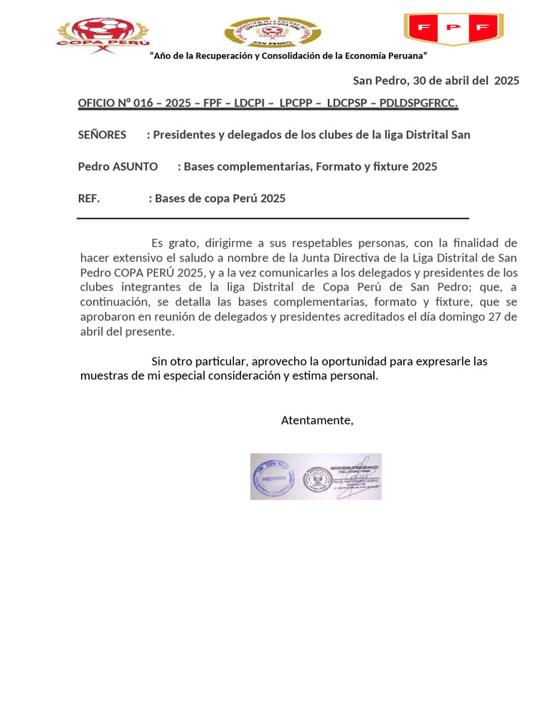 Bases Complementarias y Fixture 2025 | PDF | Perú