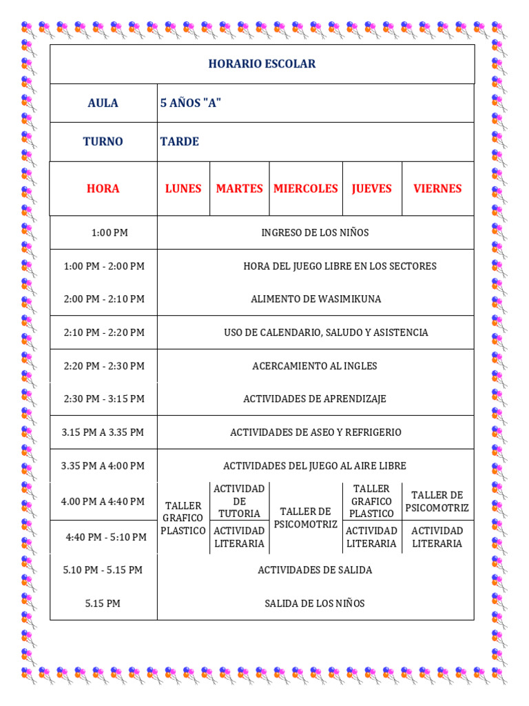 Horario Diario de Actividades Escolar | PDF