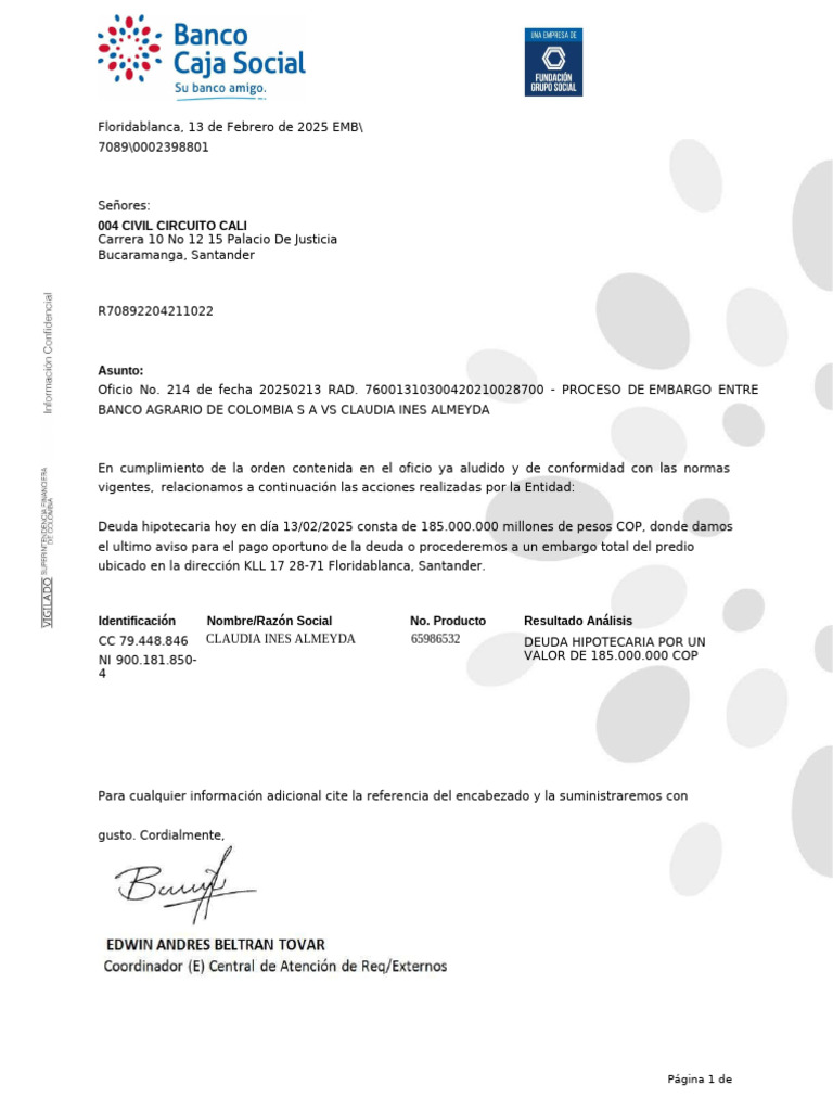 Carta de Embargo Banco Caja Social | PDF