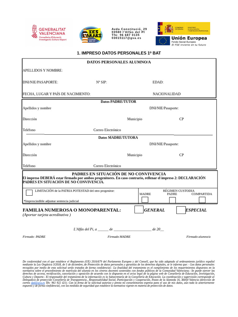 1 Impreso Datos Personales 1bat 2 | PDF